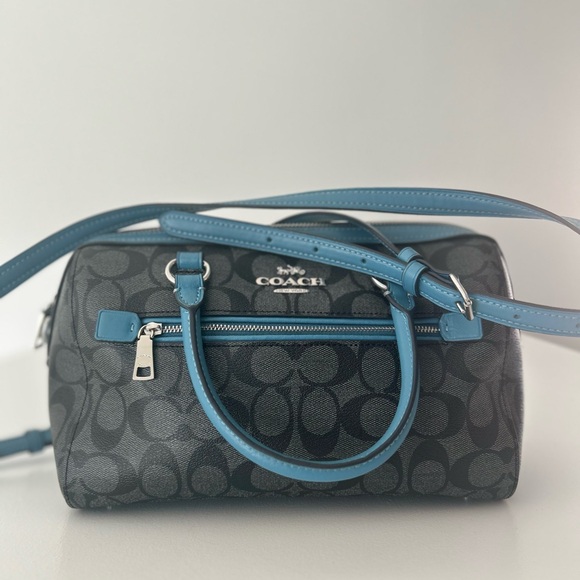 Coach | Bags | Coach Blue And Black Satchel With Signature Monogram ...